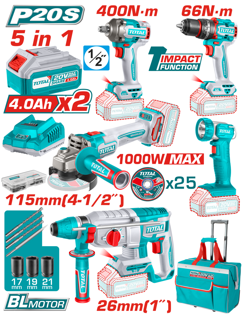 5 Pcs Cordless industrial combo kit 20V TCKLI20592 – Total Tools Online